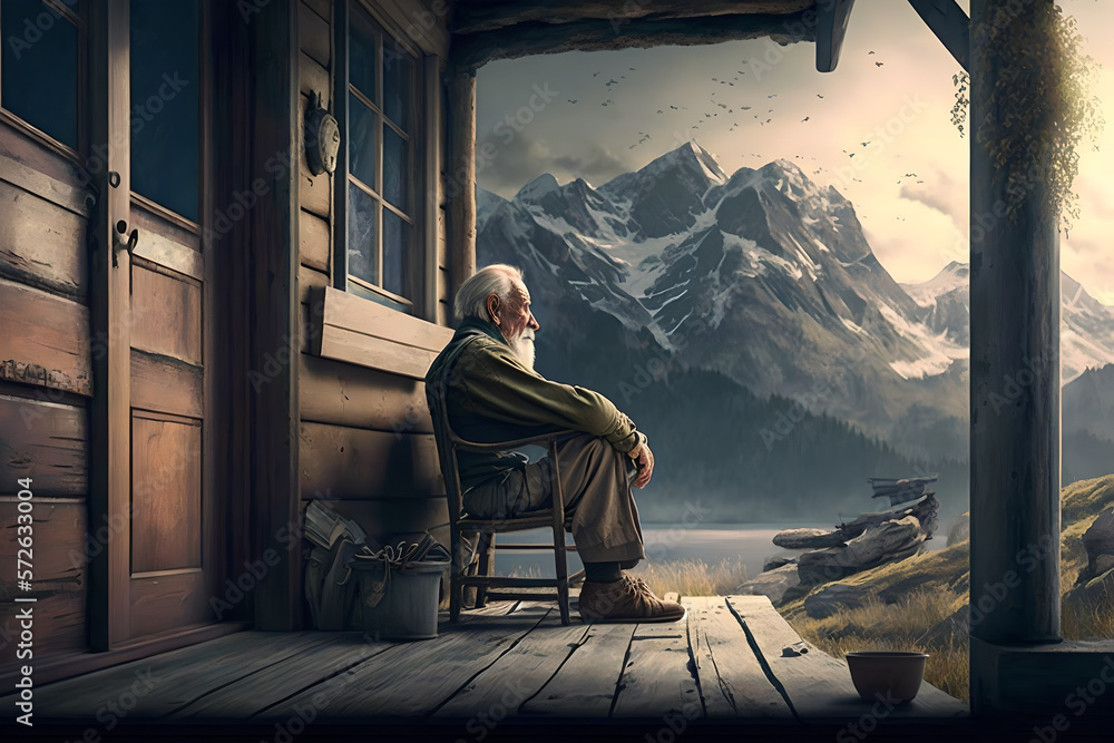 A very old man, senior citizen, caucasian with white beard, sitting at ...