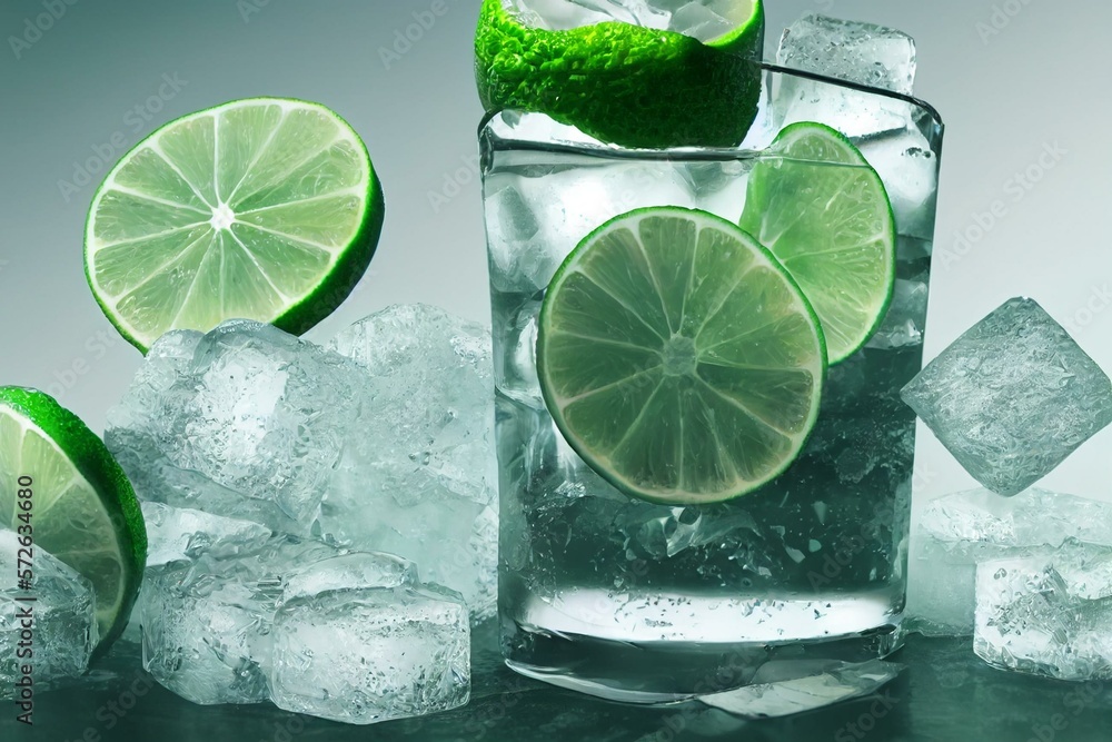 a glass filled with ice and a lime slice on top of a table next to a ...
