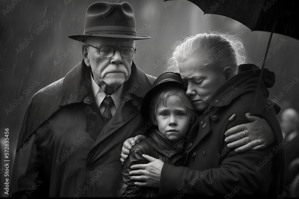 Funeral, black and white, grandparents and elderly relatives comfort ...