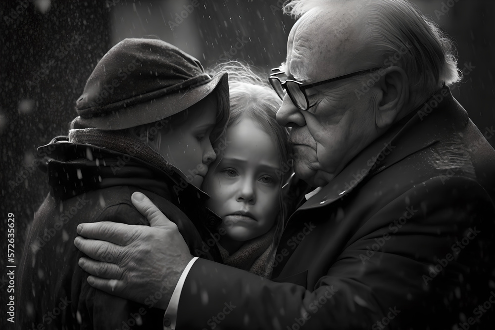 Funeral, black and white, grandparents and elderly relatives comfort ...