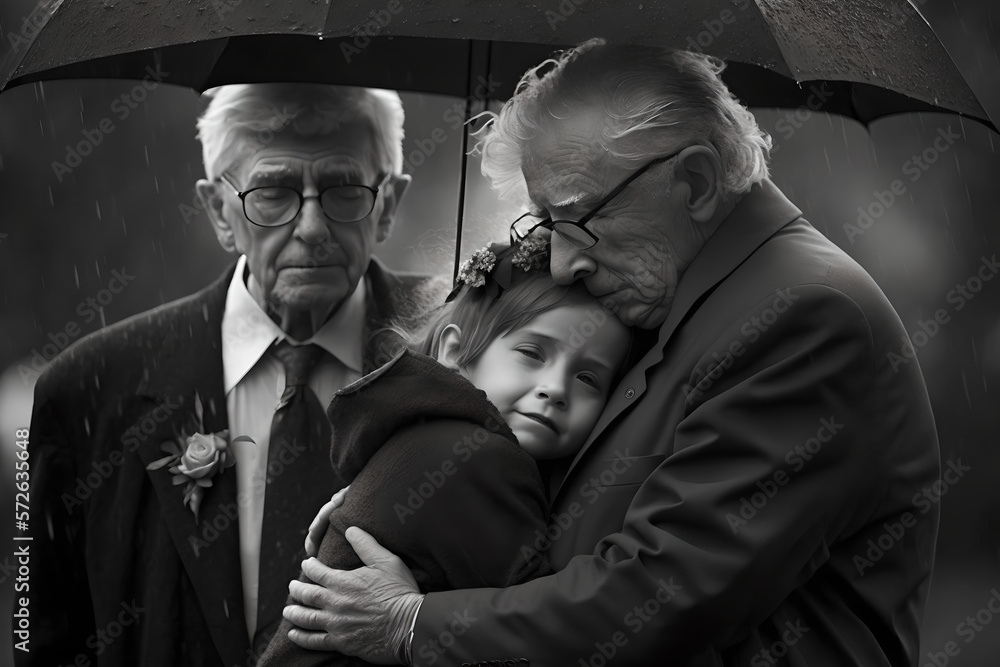 Funeral, black and white, grandparents and elderly relatives comfort ...