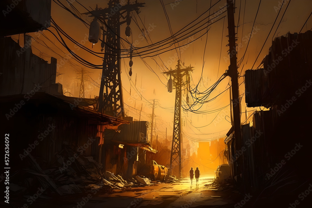 An illustration of a very crowded badly built third world street at ...