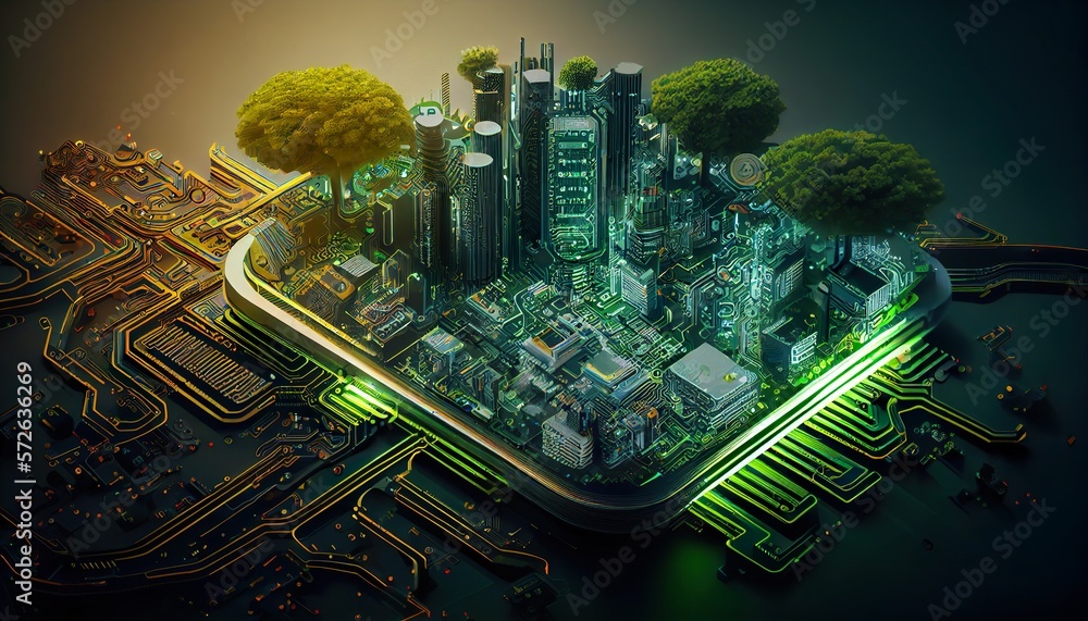 Smart Green city on circuit board background. Stock Illustration ...