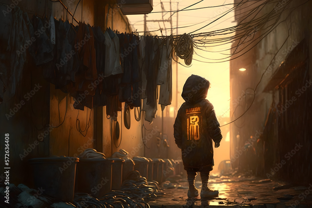 An illustration of a very crowded badly built third world street at ...