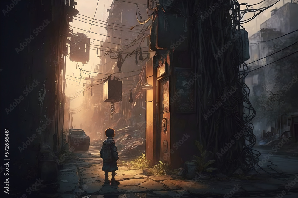 An illustration of a very crowded badly built third world street at ...