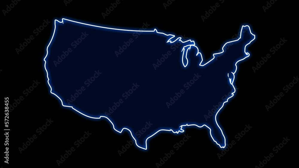 American neon map 4k animation with a glowing light stroke around the ...