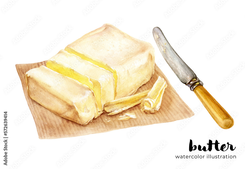 Watercolor stick of butter hand drawn illustration isolated on white ...
