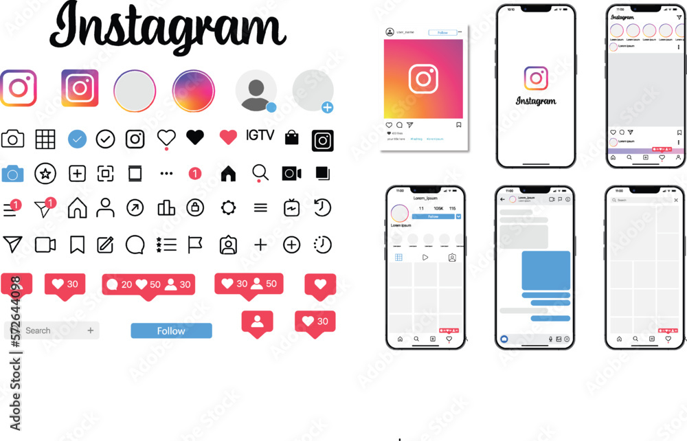 Instagram mockup set. Stories, liked, posts, photo, hashtag and ...