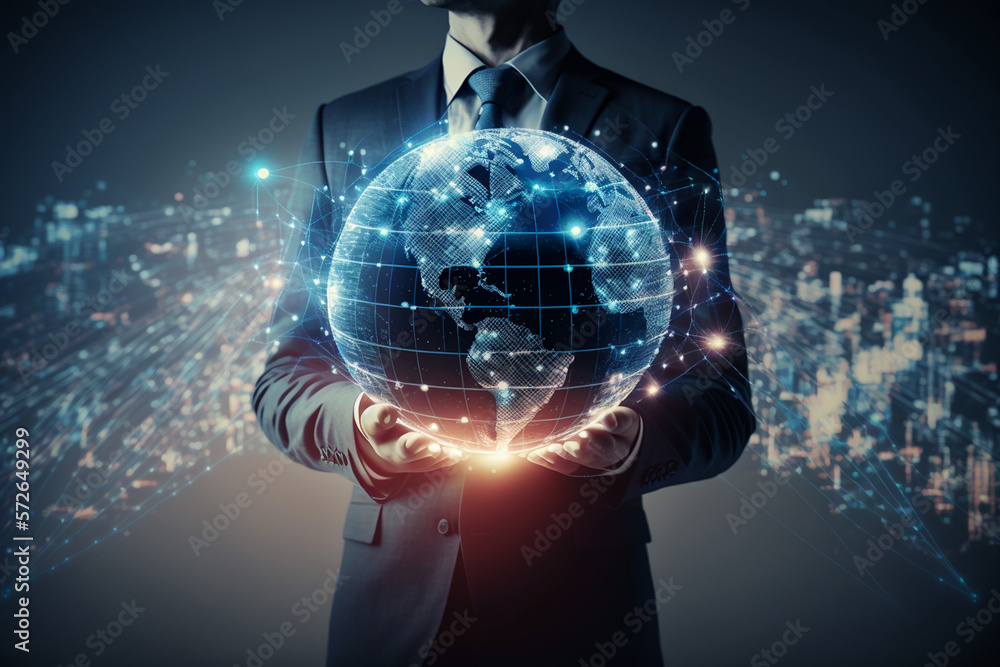Businessman hold global business globe with network connected to ...