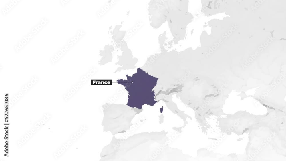 World map showing France. From above zoom in. Country purple is ...