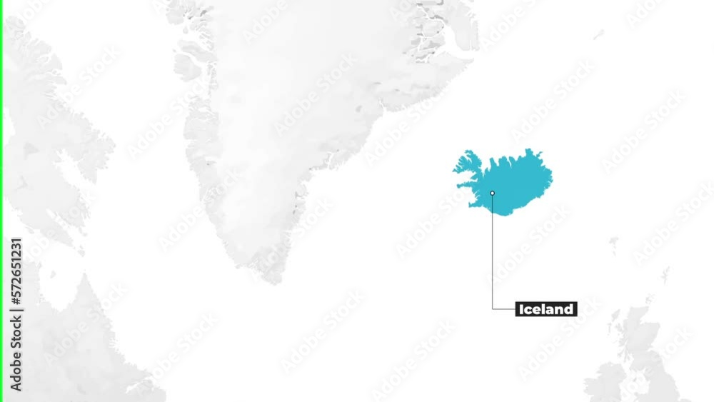 World map showing Iceland. From above zoom in. Country blue is ...