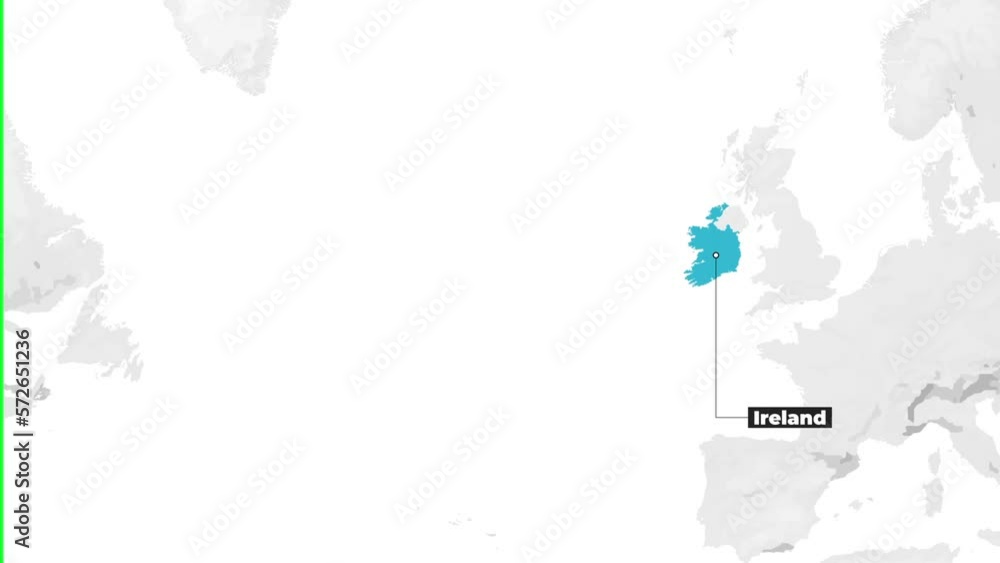 World map showing Ireland. From above zoom in. Country blue is ...