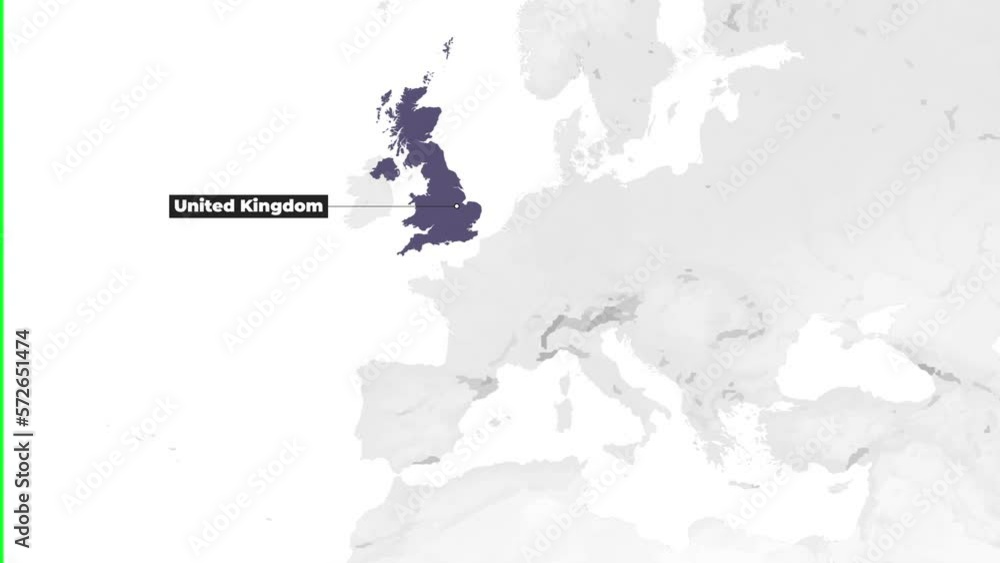 World map showing UK, United Kingdom. From above zoom in. Country blue ...