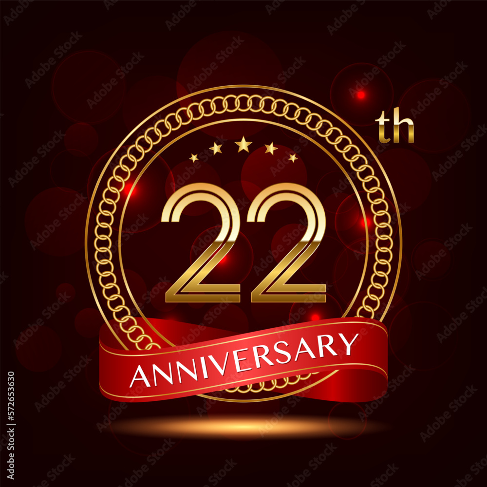 22th Anniversary logo design with golden number and red ribbon for ...