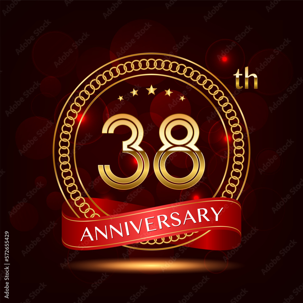 38th Anniversary logo design with golden number and red ribbon for ...