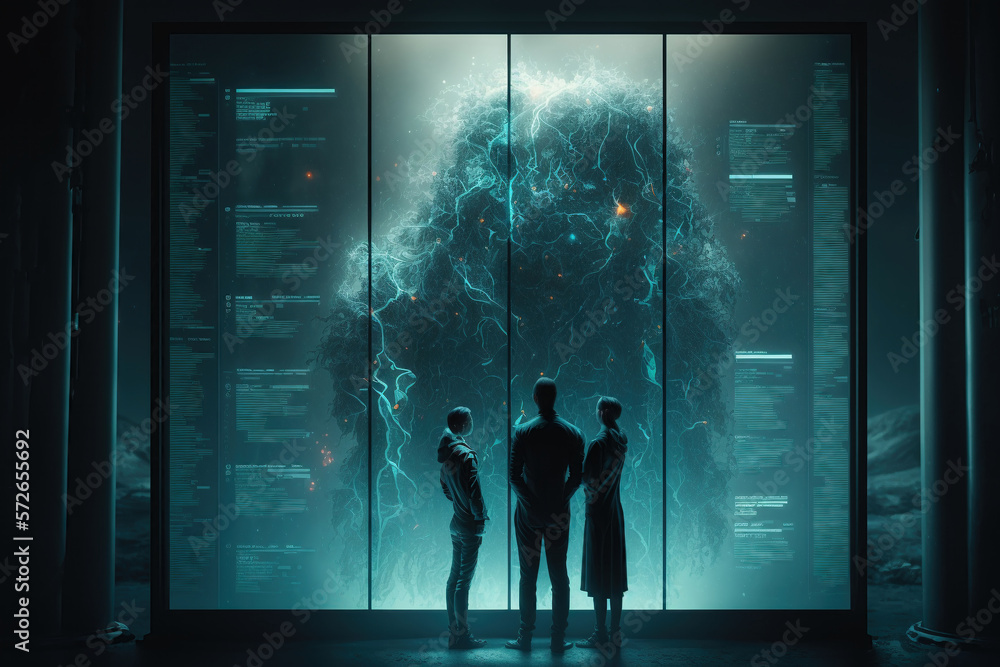 Big data, graphs, science fiction, transparent screen, people, business ...