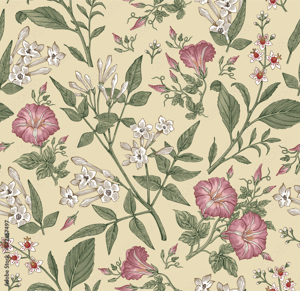 Seamless pattern. Beautiful fabric blooming realistic isolated flowers ...