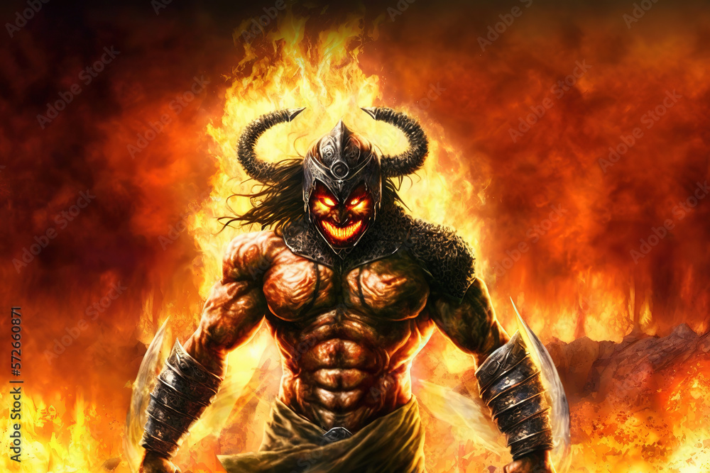 muscular demon warrior surrounded by flames, horns, hell, battle ...