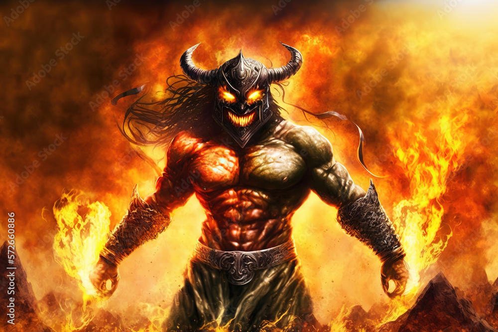 ภาพประกอบสต็อก muscular demon warrior surrounded by flames, horns, hell ...