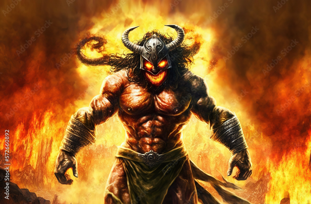 muscular demon warrior surrounded by flames, horns, hell, battle ...