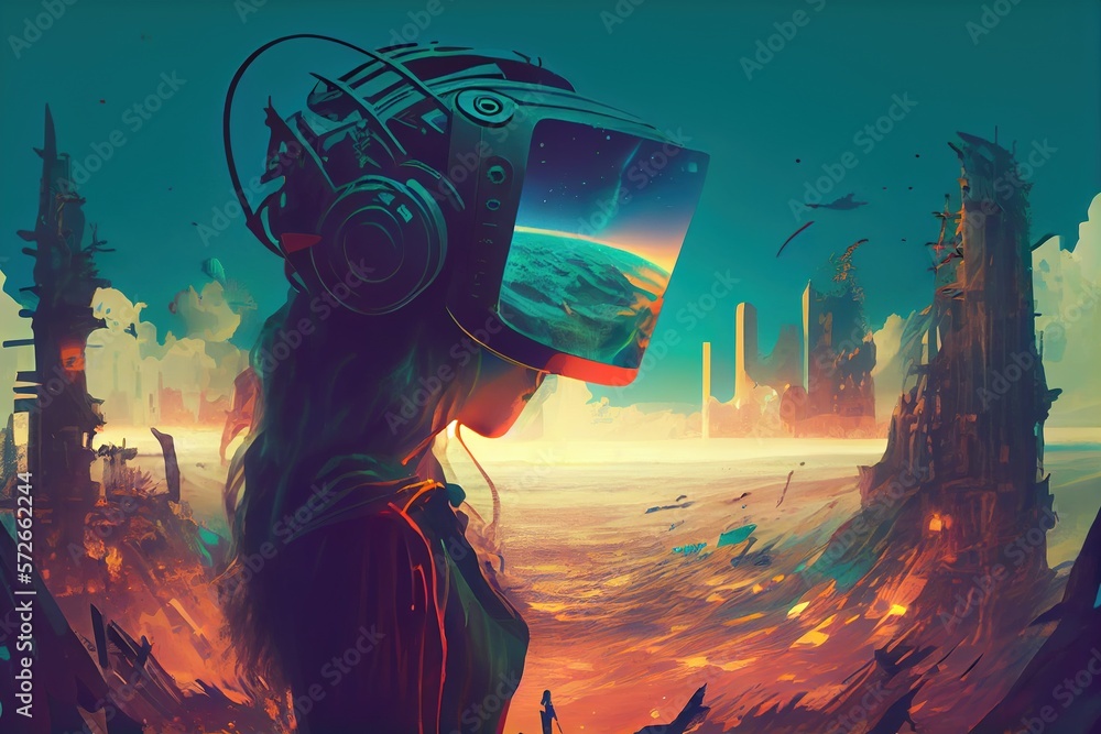 Girl in 3D reality glasses, game character. Metaverse and Blockchain ...