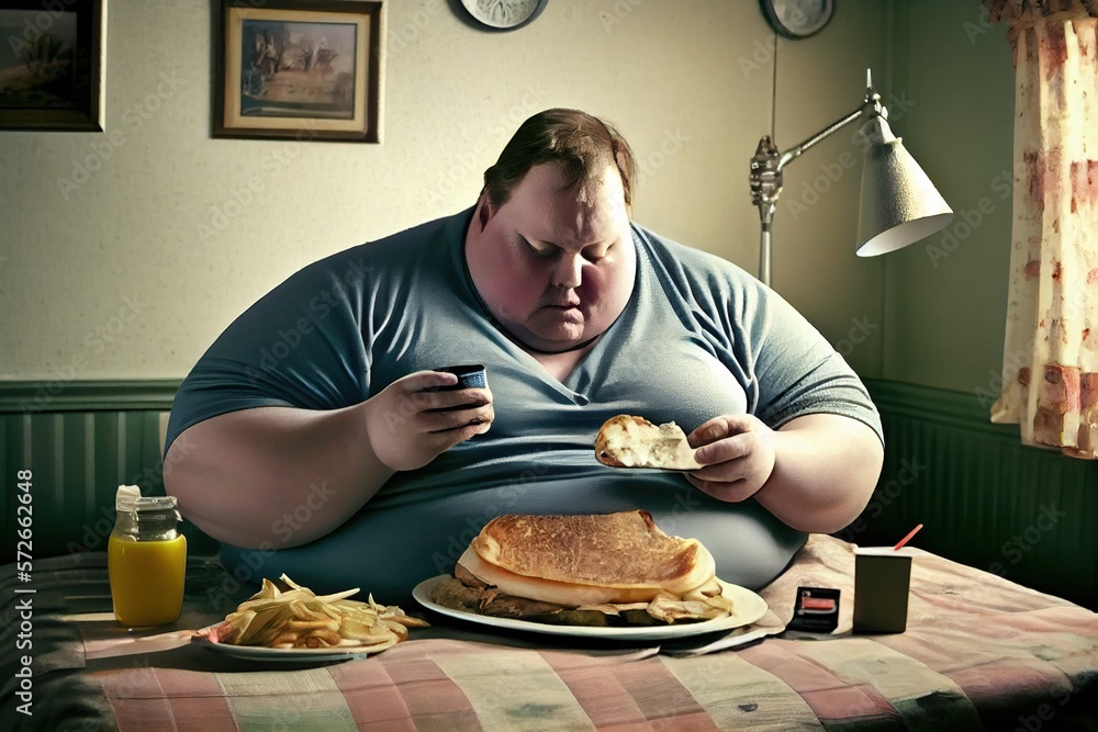 Obesity, fat body, eating bad. A fat person eats junk food. A fat man ...