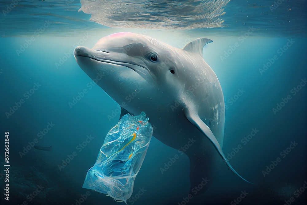 Dolphin swimming with a plastic bag. Ocean pollution. Dolphin cleans ...