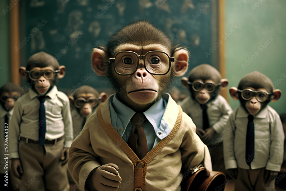 A monkey dressed as a teacher stands in front of a classroom, concept ...