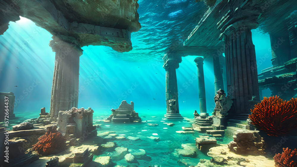fantasy illustration of ancient Atlantis city with huge stone pillars ...