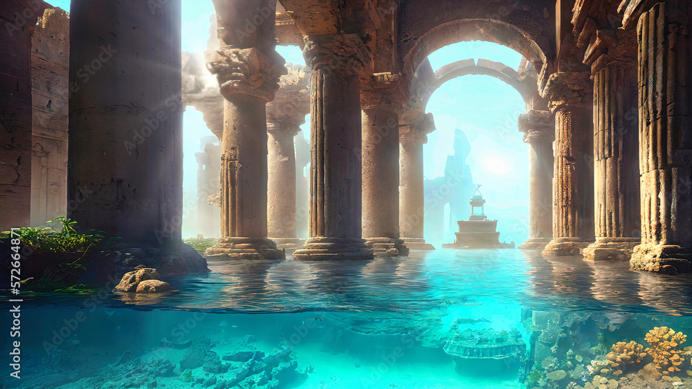 fantasy illustration of ancient Atlantis city with huge stone pillars ...