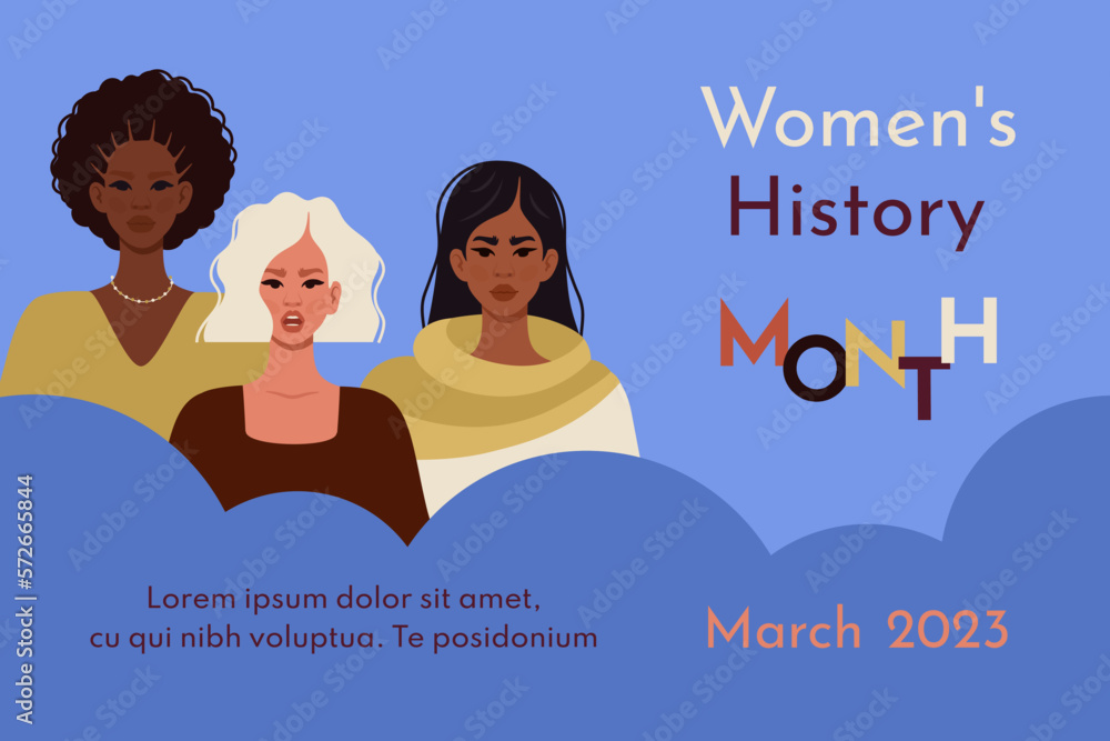 Women's history month. Horizontal banner. Young womens of different ...