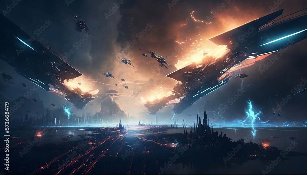 Space War Concept Art, Hundreds of airships are engaged in massive air ...