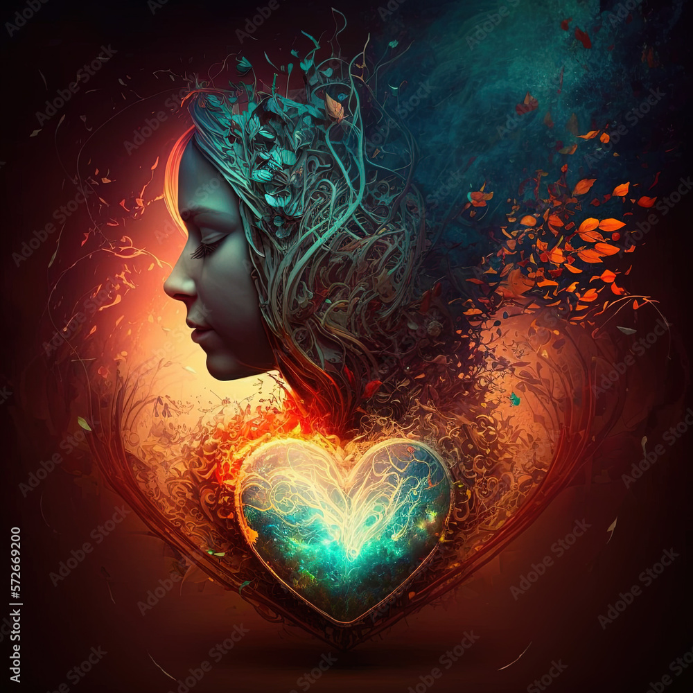 Soul and heart connecting, colorful heart linked to the mind, soul and ...