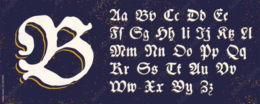 Vetor de Blackletter alphabet with line shadow. Medieval drop caps ...