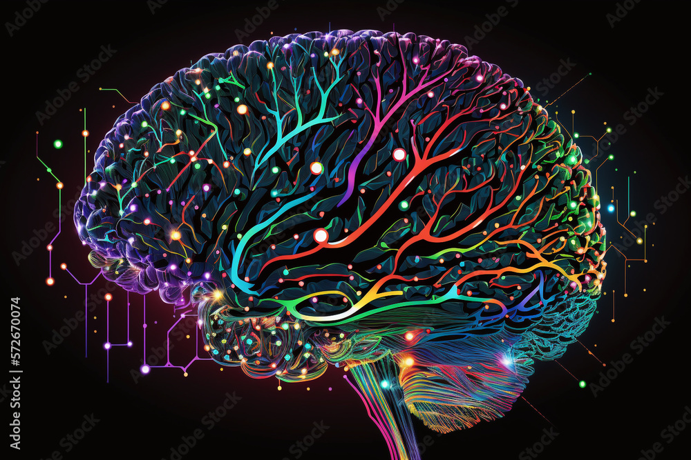 a brain as a vibrant and pulsating hub of activity, with different neurons and synapses lighting ...
