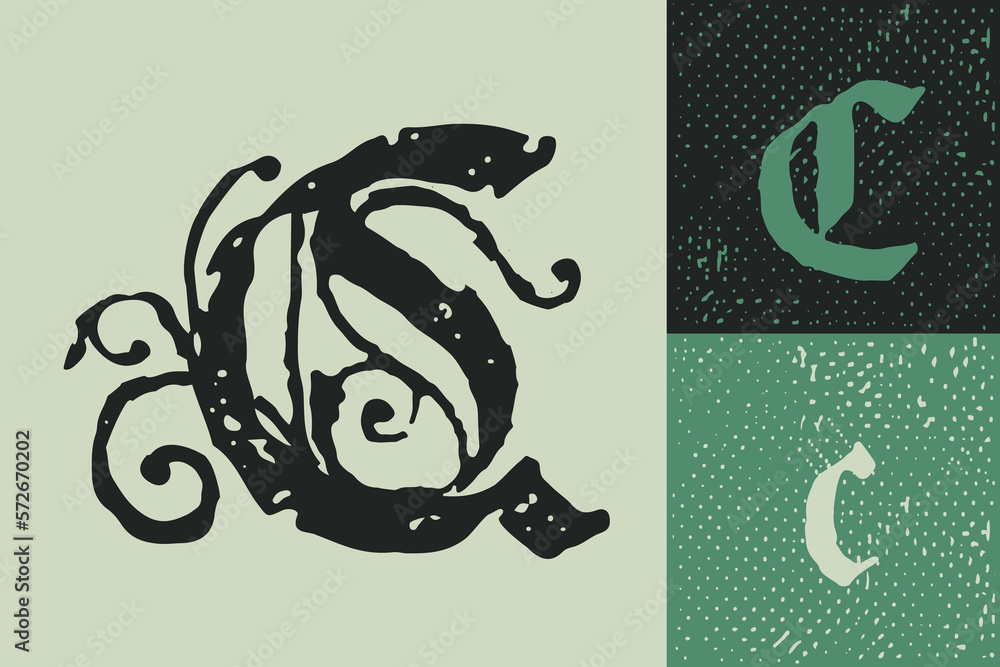 C letter drop cap logo. Illuminated initial and blackletter uppercase ...