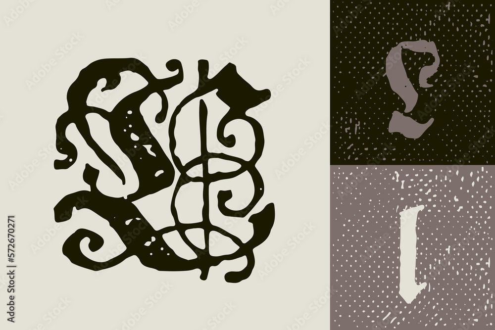 L letter drop cap logo. Illuminated initial and blackletter uppercase ...