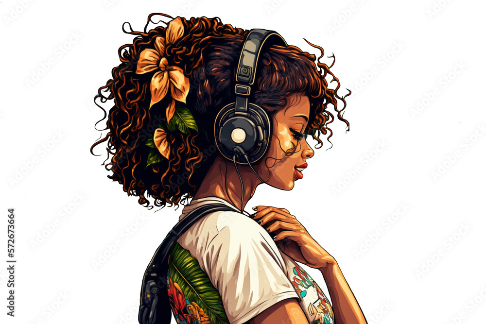 Lofi style. Beautiful Cuban girl listening to hip hop music with ...