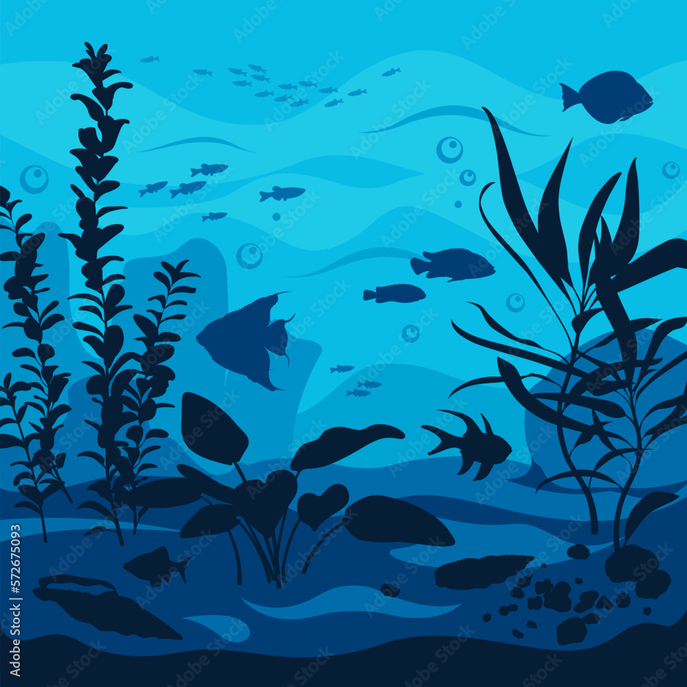 Vector ocean world. Deep seascape with seaweeds, fish and corals ...