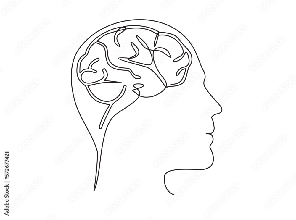 continuous stylized modern drawing of a human head and brain. flat ...