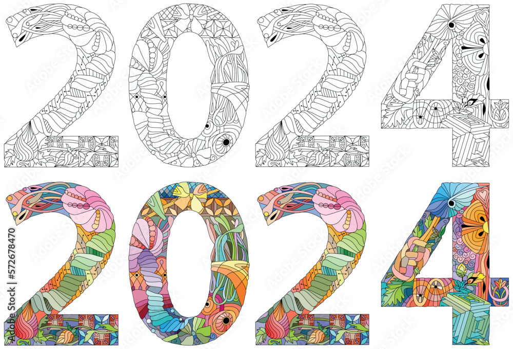 2024 number design. Cute vector Illustration for coloring. Color and ...