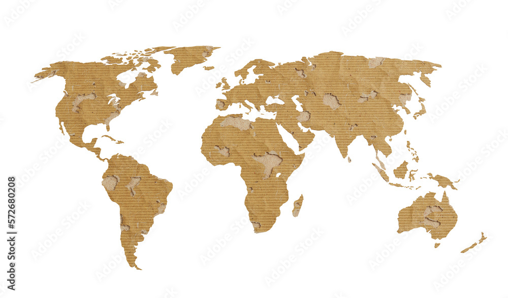Cardboard world map isolated on transparent white background Stock ...