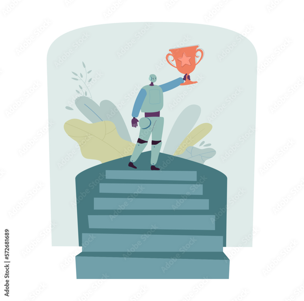 Robotic character holding trophy vector illustration. Drawing of cyborg ...