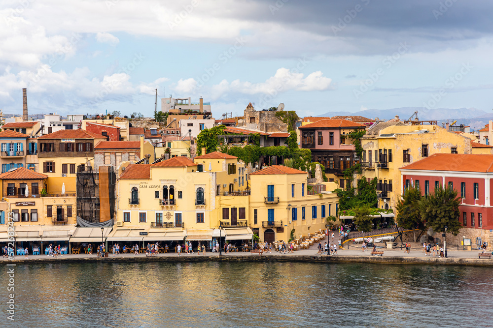 Landmarks of Crete - Beautiful venetian town Chania in Crete island. View of the old port of ...