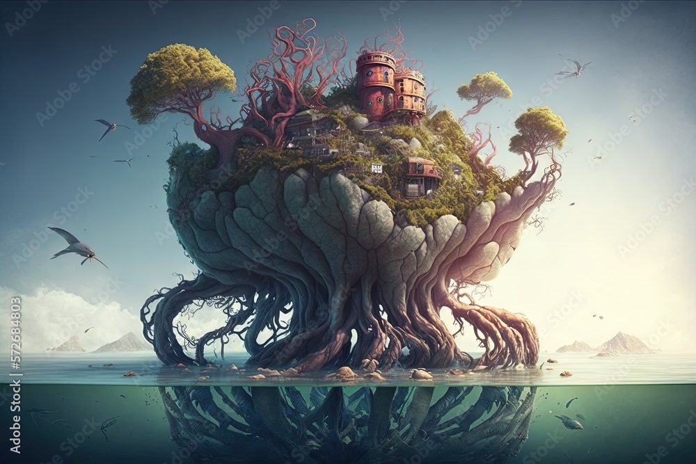 Floating island populated by a variety of bizarre and monstrous ...