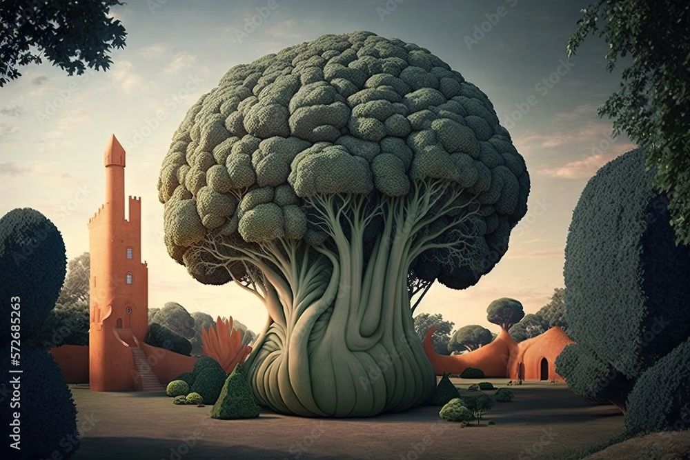 Surreal garden where the vegetables are giant-sized, such as enormous ...