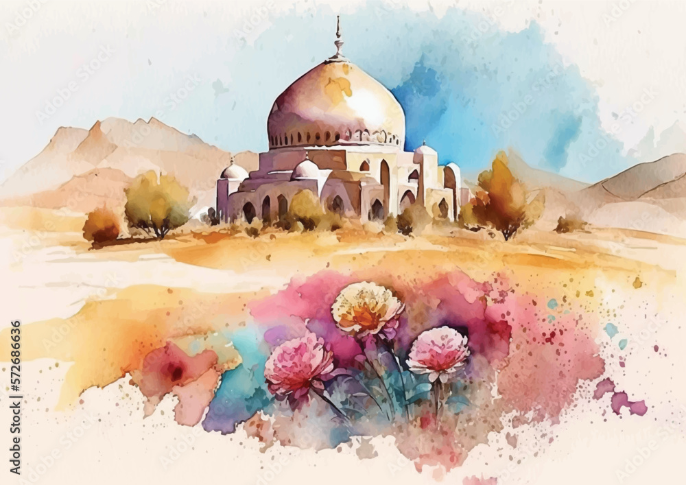Masterpieces of Islamic Art in Watercolor Mosques with Detail Stock ...