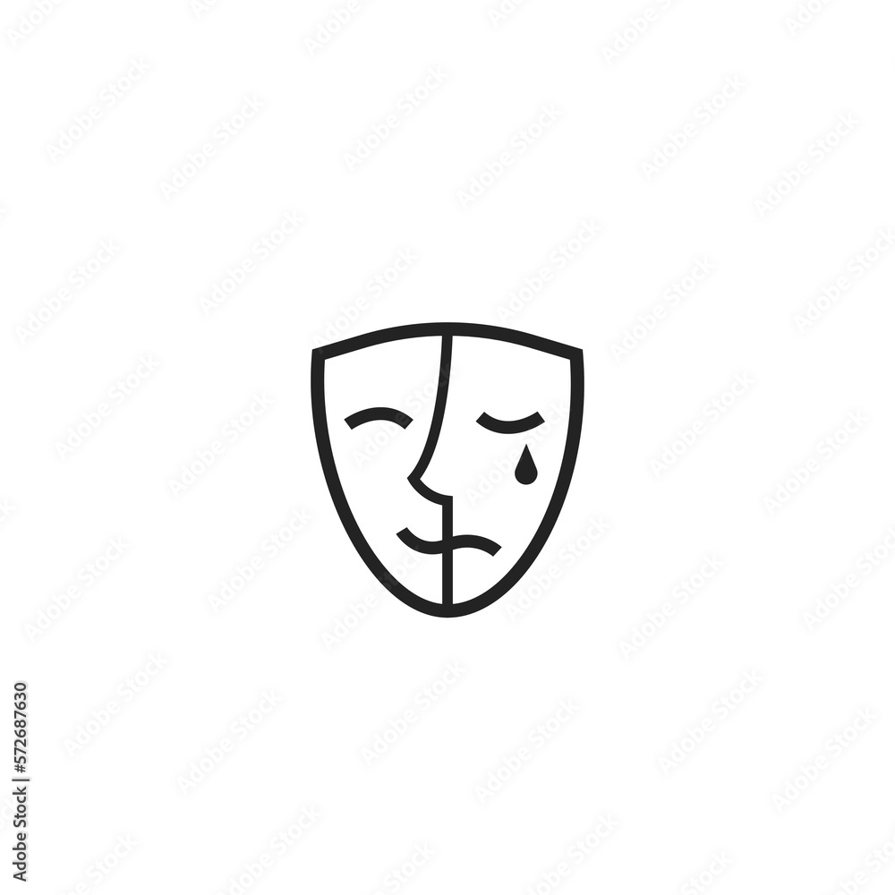 Theatrical mask icon - half laughing, half crying. Black and white ...
