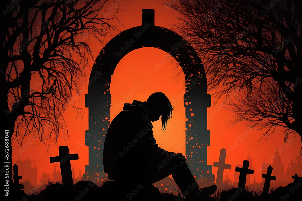 Silhouette Of A Sad And Lonely Man Sitting In A Graveyard Loss And