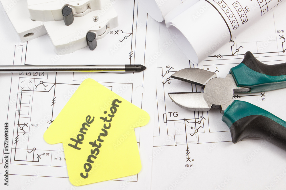 House shape, work tools, electric fuse and diagrams of housing plan ...